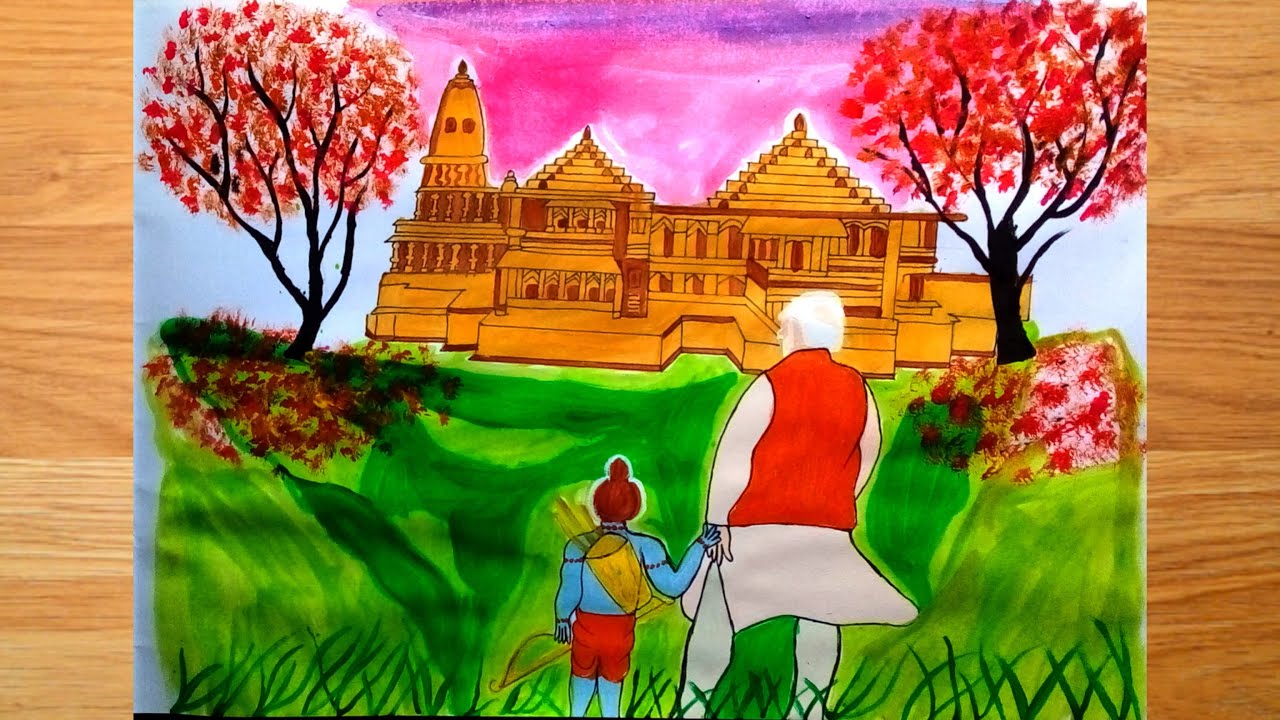 Ram mandir Painting with Lord ram and PM modi I easy painting step by ...
