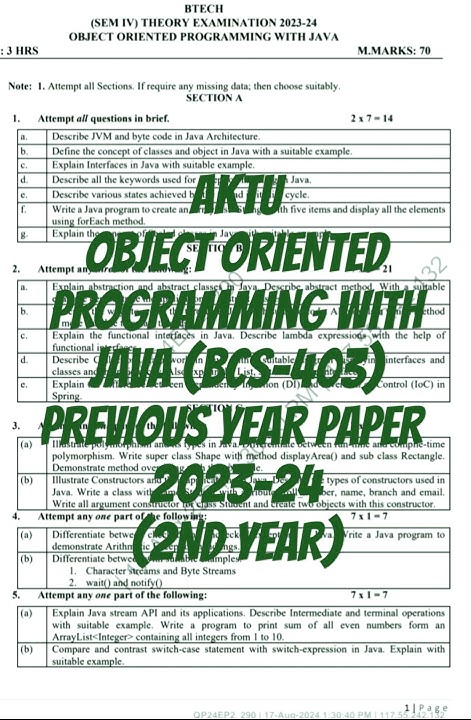 AKTU OOPs with Java (BCS-403) 2023-24|| Previous year paper #shorts #exam #btech #oopsinjava # ...