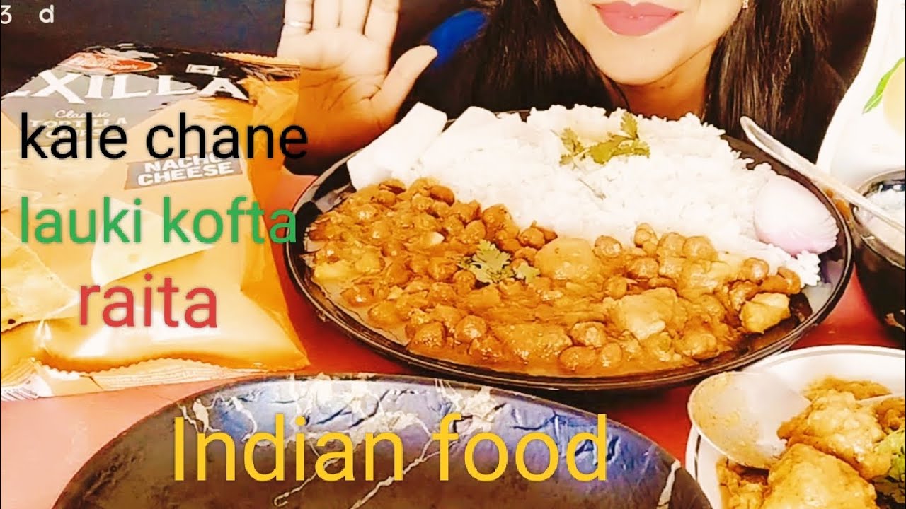 Eating kale chane, lauki kofta with rice and raita || Indian food ...