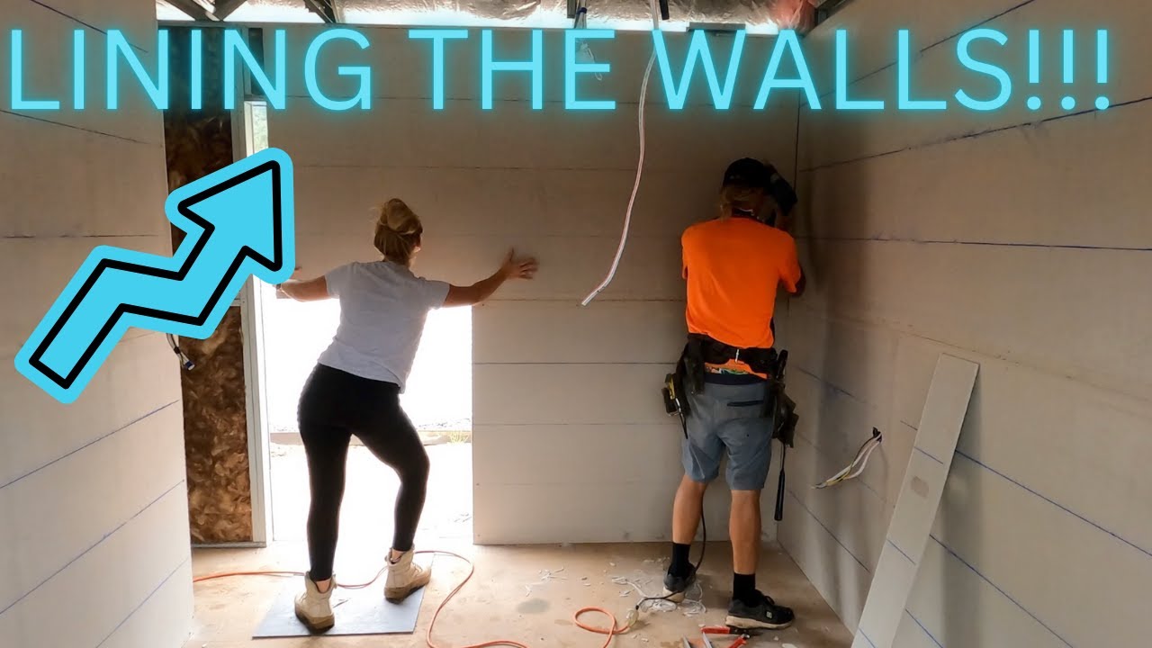 Off grid cabin build- lining the internal walls with the family - YouTube