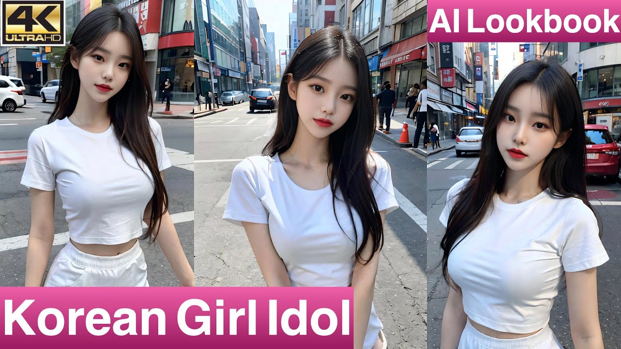 [AI Lookbook 4K] Korean Girl Idol / Wh. T-Shirts,Short Pants / AI 룩북 / 한국 여자 아이돌 / 화이트 티셔츠 & 화이트 ...