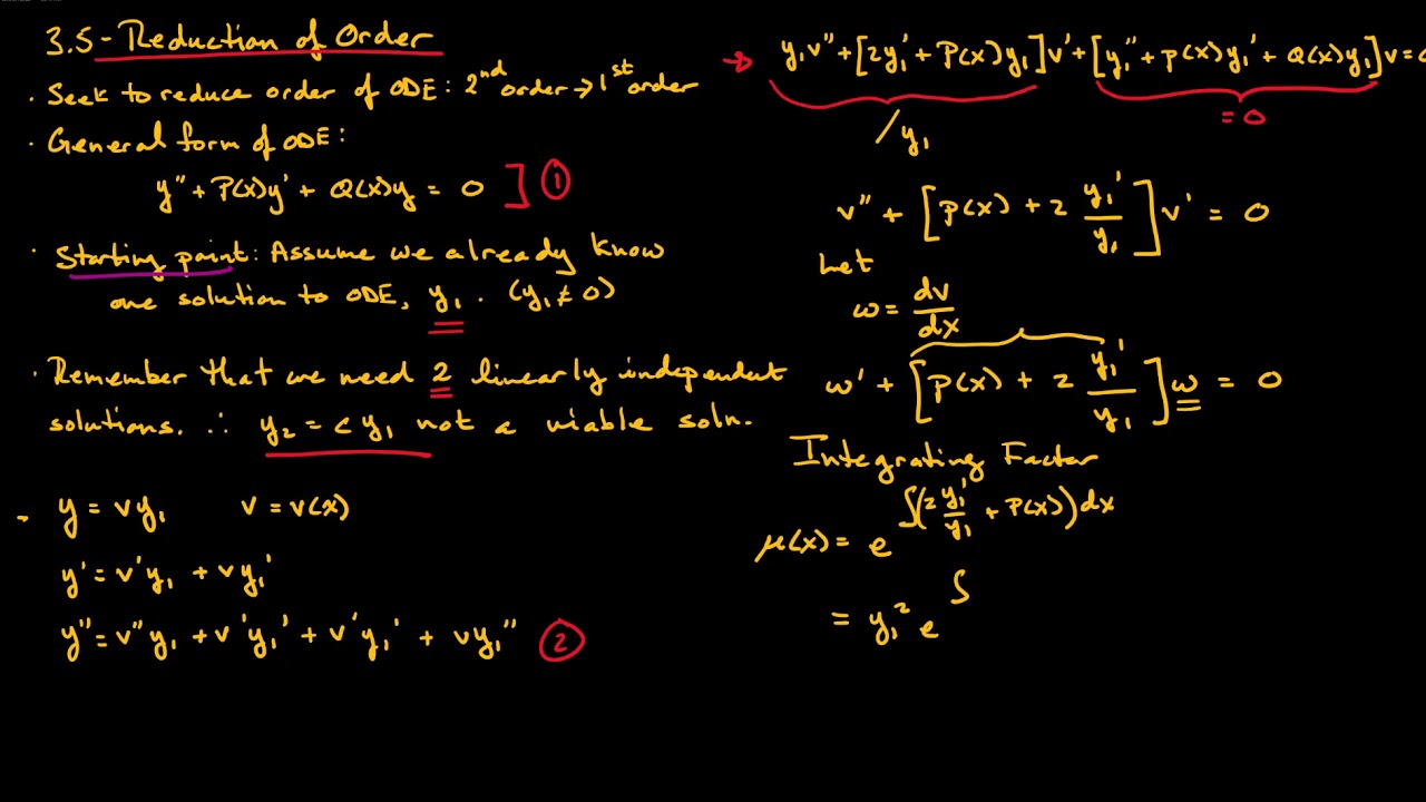 3 5 Second Order Odes Reduction Of Order Youtube