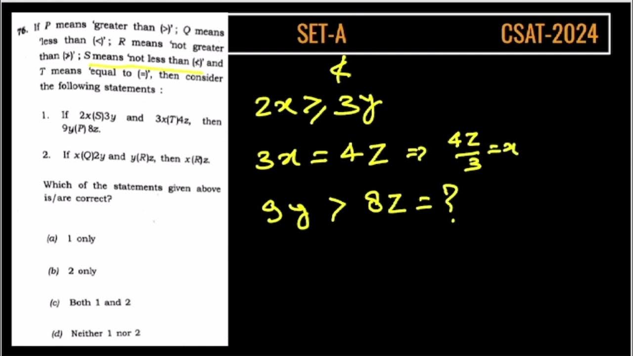 CSAT 2024, If P means ‘greater than ( )’; Q means ‘less than ( )’; R means ‘not greater than ...