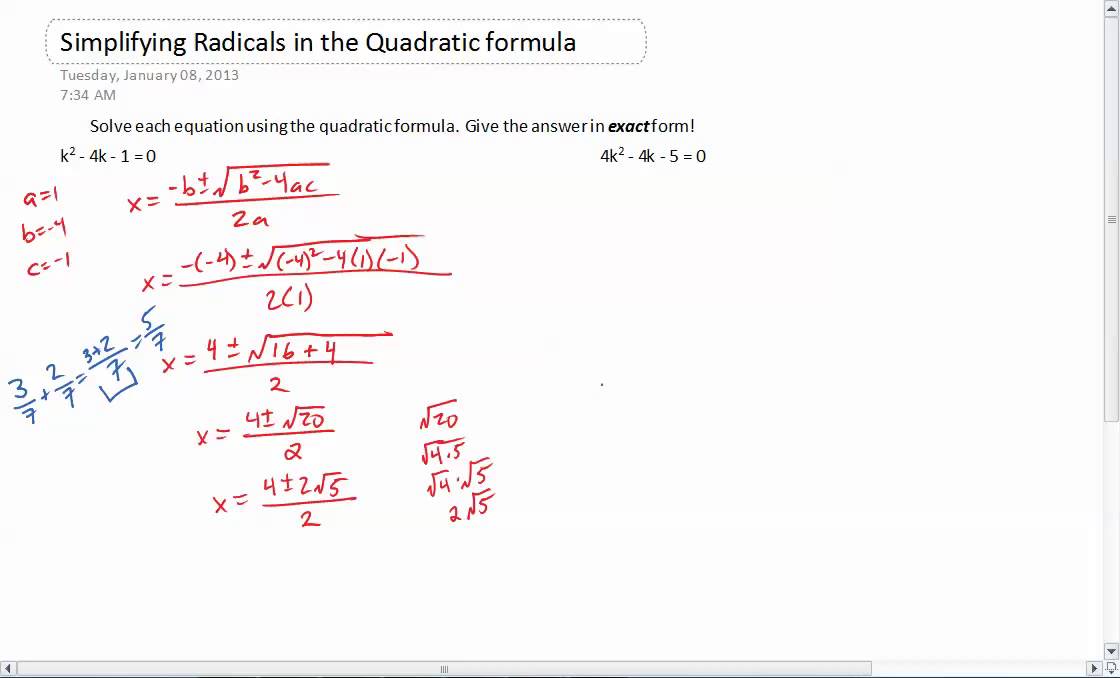 5 Minute Math Finding The Exact Solution Of A Quadratic Equation YouTube