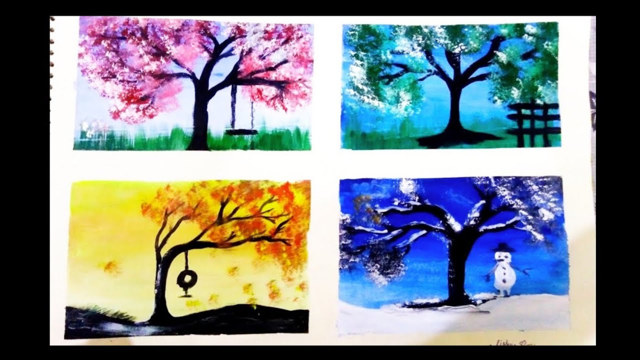 How to paint acrylic 4 season painting - YouTube