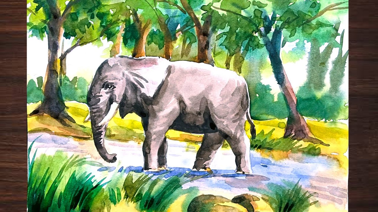 Elephant scenery drawing watercolour step by step/Forest scenery ...