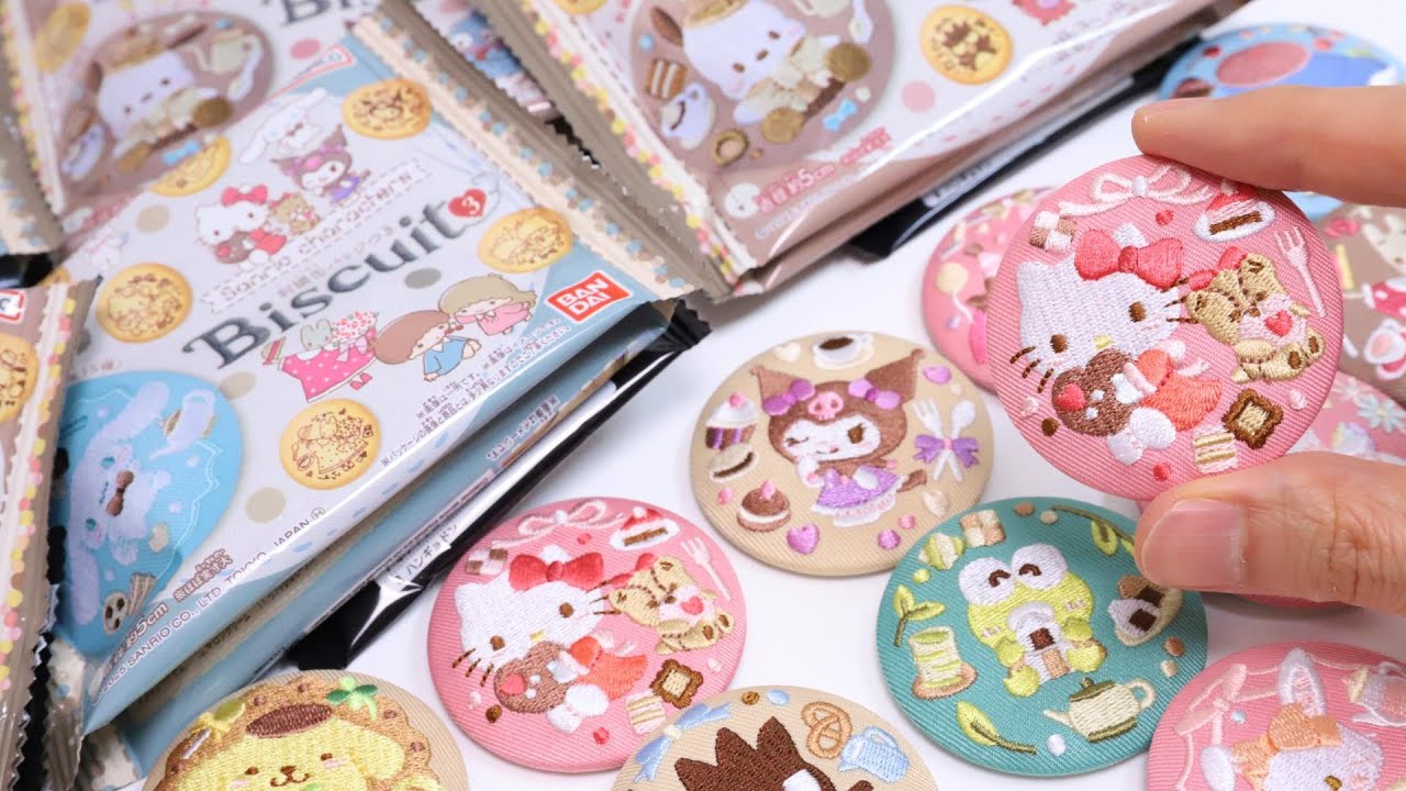 Sanrio Characters Embroidered Can Badge Biscuit Unboxing I want Hello ...