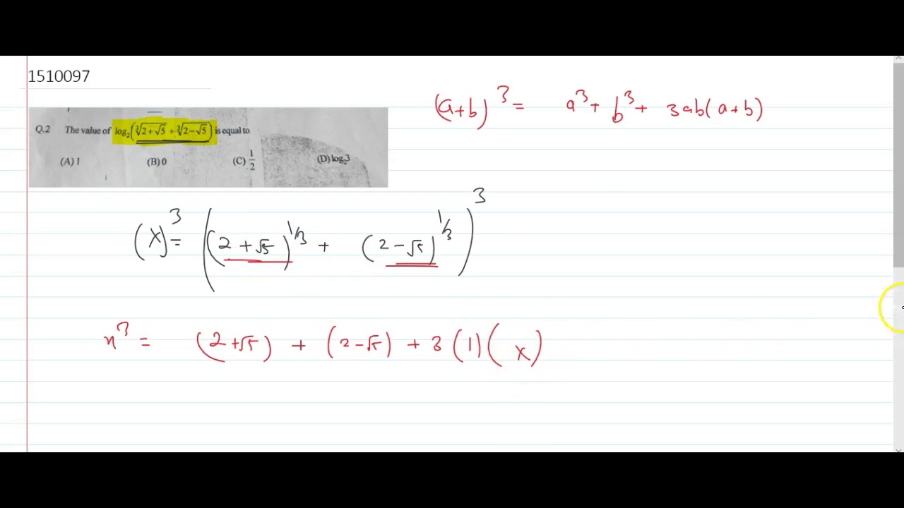 The value of `log_2(root3(2+sqrt5)+root3(2-sqrt5))` is equal to - YouTube