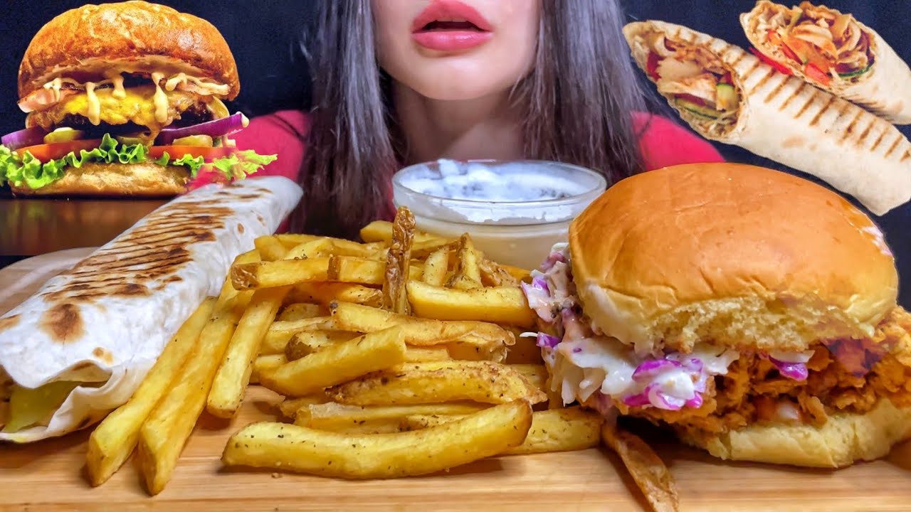 FRIED CHICKEN BURGER + SHAWARMA + FRIES | MUKBANG ASMR | EATING SOUNDS ...