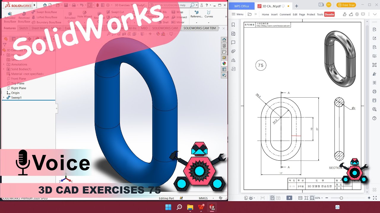 SolidWorks | 3D CAD EXERCISES 75 | StudyCadCam | Solution Tutorial ...
