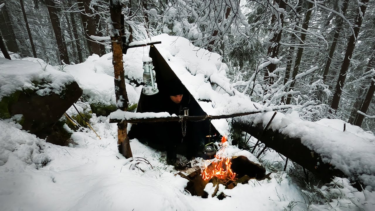 SOLO Two Days WINTER BUSHCRAFT Camp - Shelter in Snowfall - YouTube