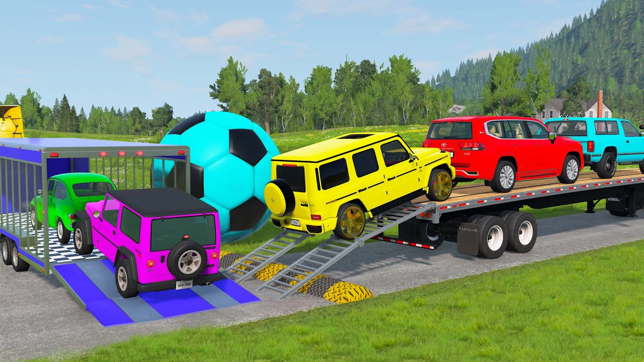 TRANSPORTING MINI HONDA & CRANE TRUCK & LONG BUS with FLATBED TRAILER ...