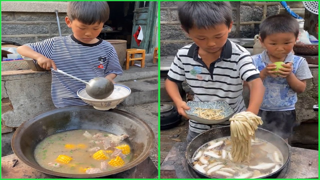 Lovely ! Little boy cooking food like a professional chef 조리 クック Rural ...