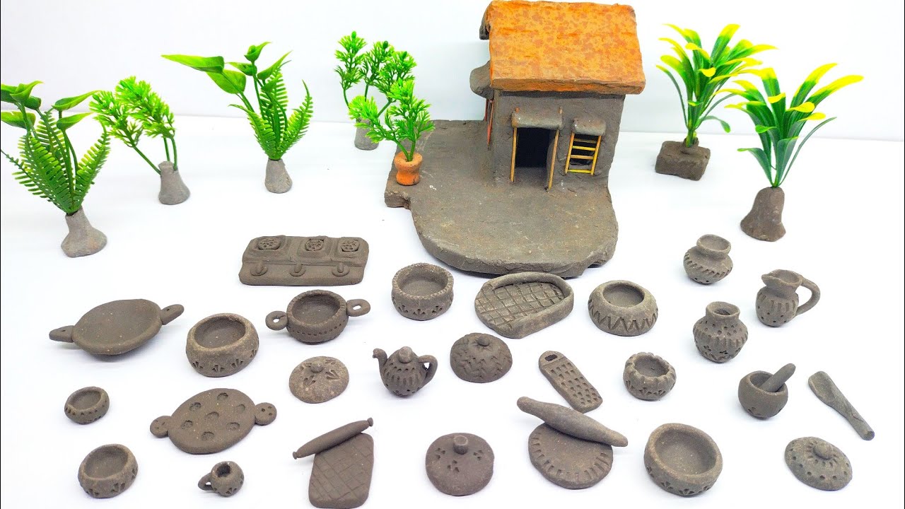 DIY How to make polymer clay miniature House, kitchen set | Village ...