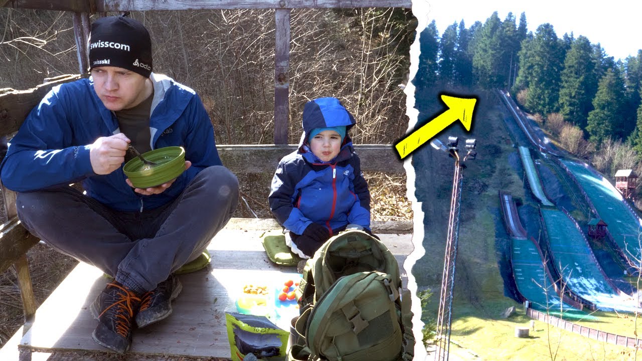 Camp on Abbadoned SKI JUMP - Cooking freeze dried Spaghetti & Rice ...