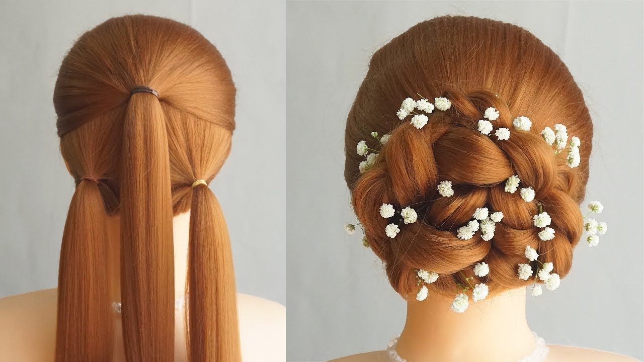 Simple Bun Hairstyle With Rose Flower - Easy Updo Hairstyle Tutorial ...
