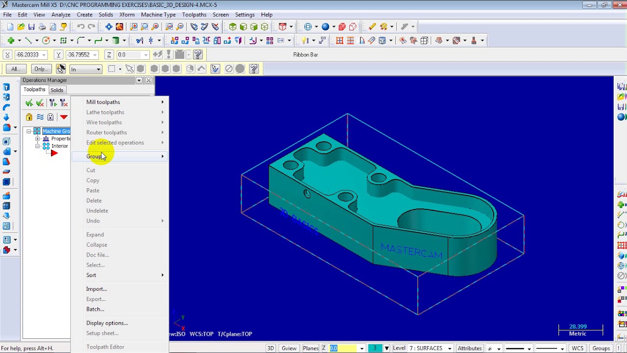 MASTERCAM 3D MACHINING CREATING TOOLPATH GROUPS - YouTube