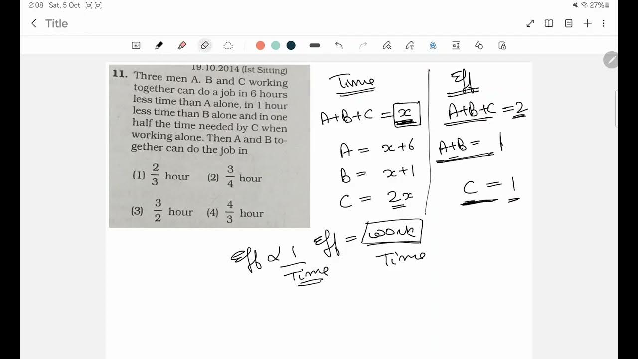 Three men A. B and C working together can do a job in 6 hours less than A alone , 1 hour less ...