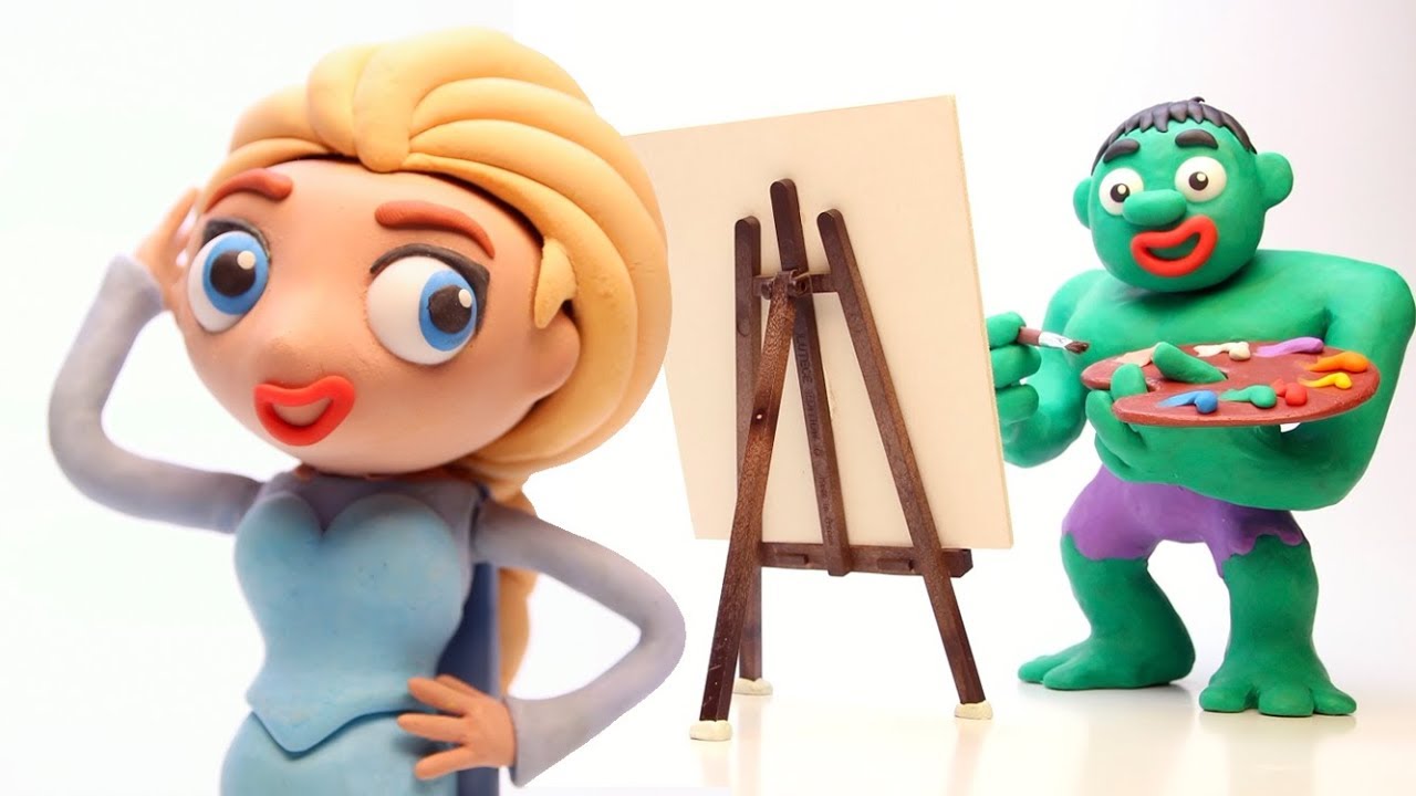 DibusYmas Hulk painting Elsa stop motion play doh superhero funny video ...