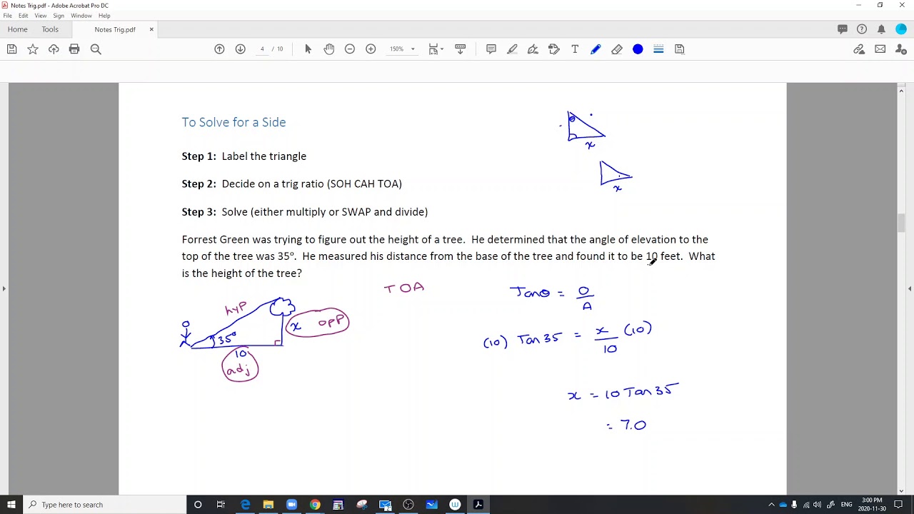 Solving for a side using trig ratios - YouTube
