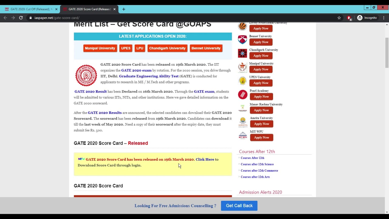 GATE 2020 Score Card (Released) - Check Here How to Download - YouTube