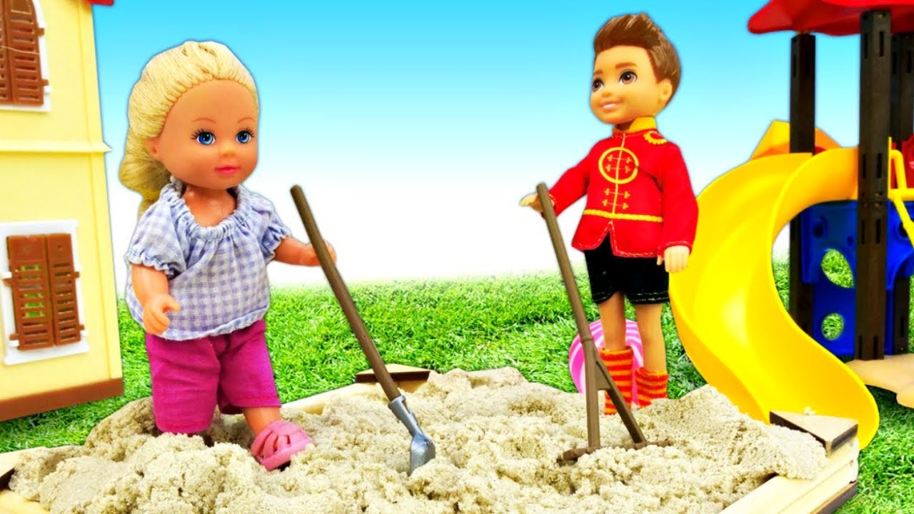 There is the mess! Barbie baby dolls clean up the playground and play ...