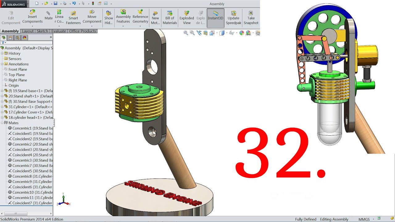 SolidWorks Tutorial Vertical Stirling Engine 32.Assembly 1 - YouTube