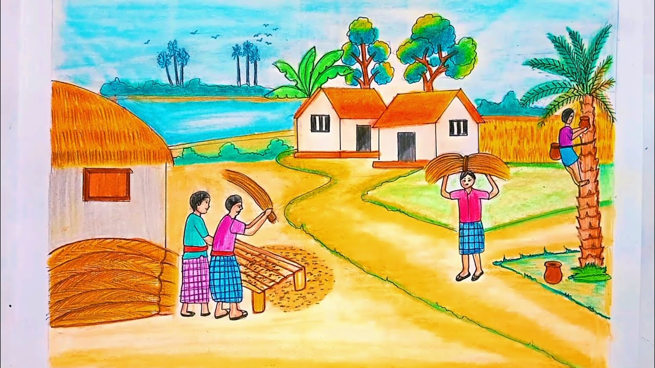 Drawing a beautiful village scenery step by step for beginners ( late ...