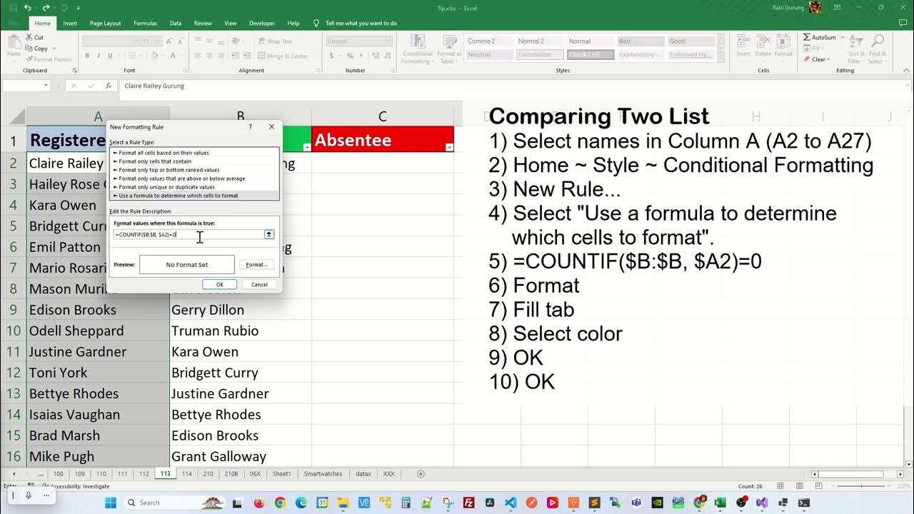 How to compare two lists in Excel using Conditional Formatting - Excel Tips and Tricks - YouTube
