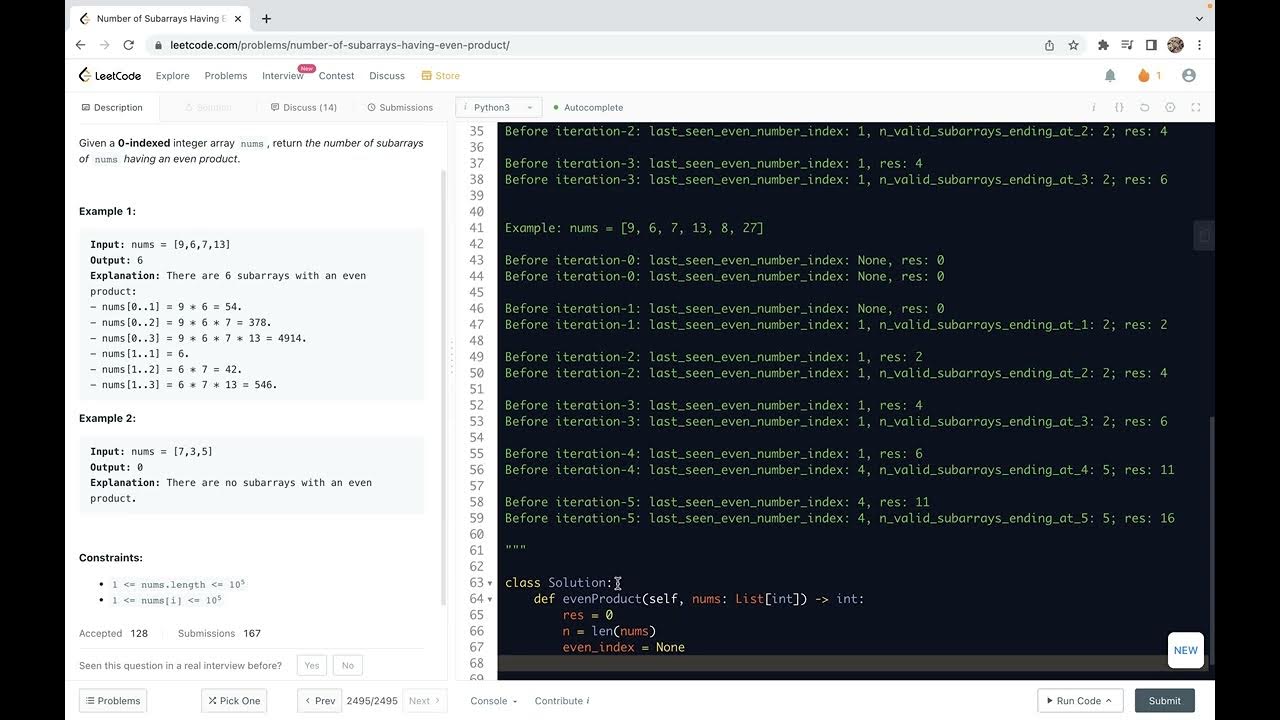 leetcode 2495. Number of Subarrays Having Even Product - check last seen even number's index ...