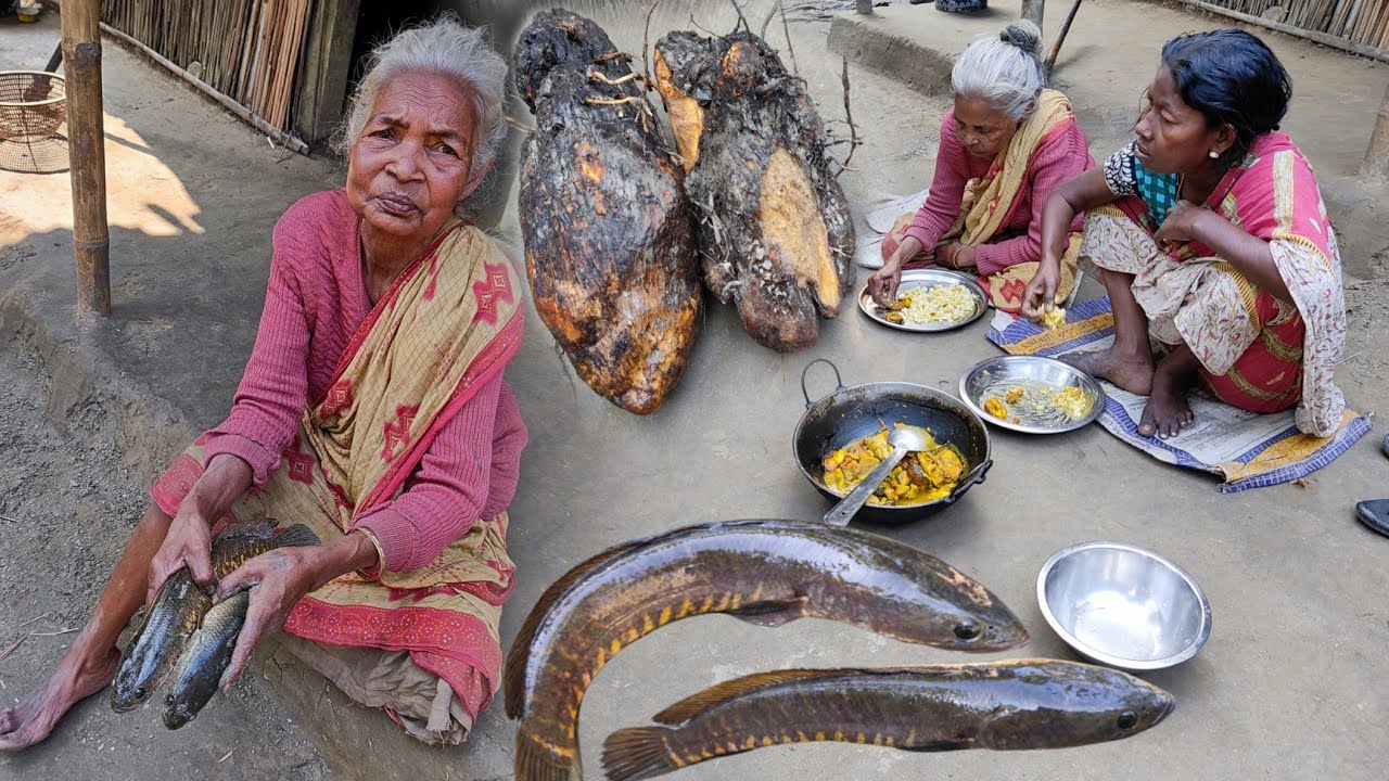 GRANDMOTHER cooking & eating SHOL FISH recipe in tribe village | how to ...