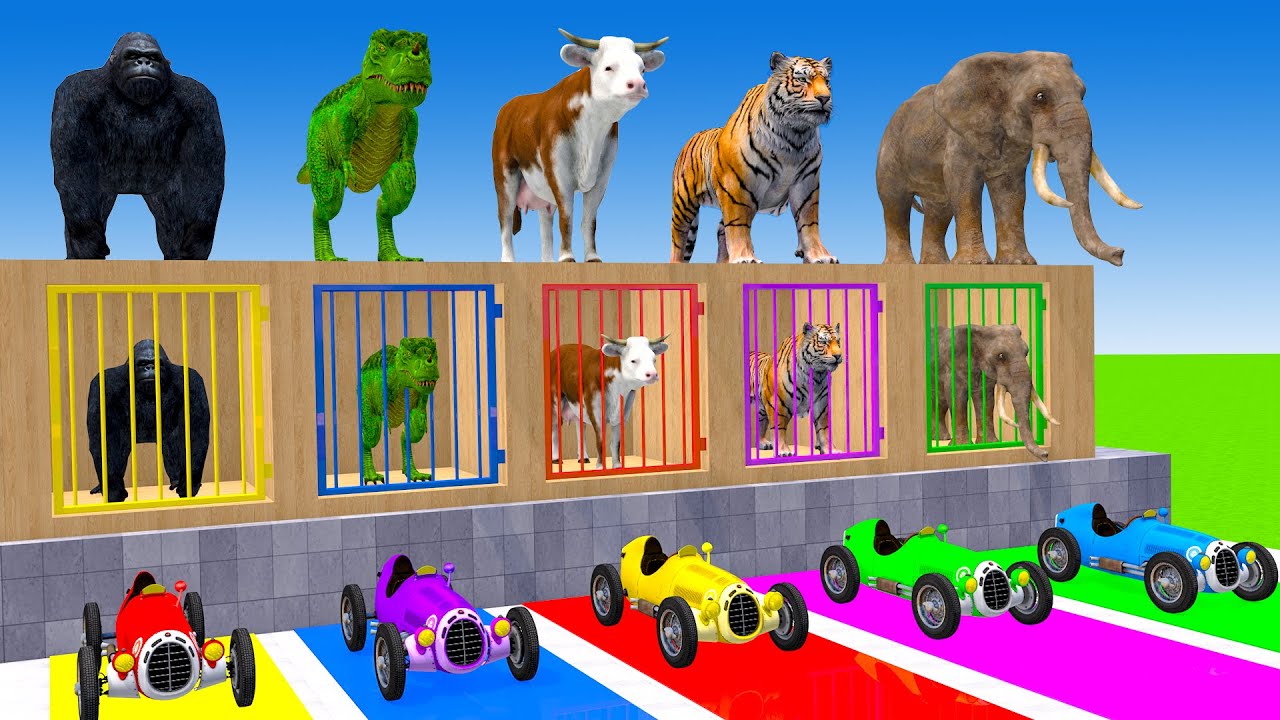 Long Slide Game With Cow Elephant Gorilla Buffalo T-rex Tiger - 3d ...