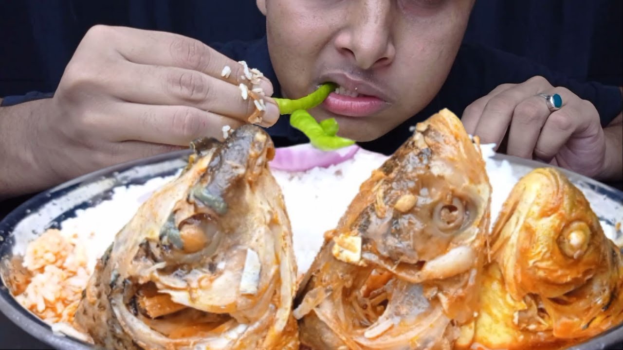 Rice With Spicy Fish Head Curry | 3 big fish head | Eating Fish Head ...