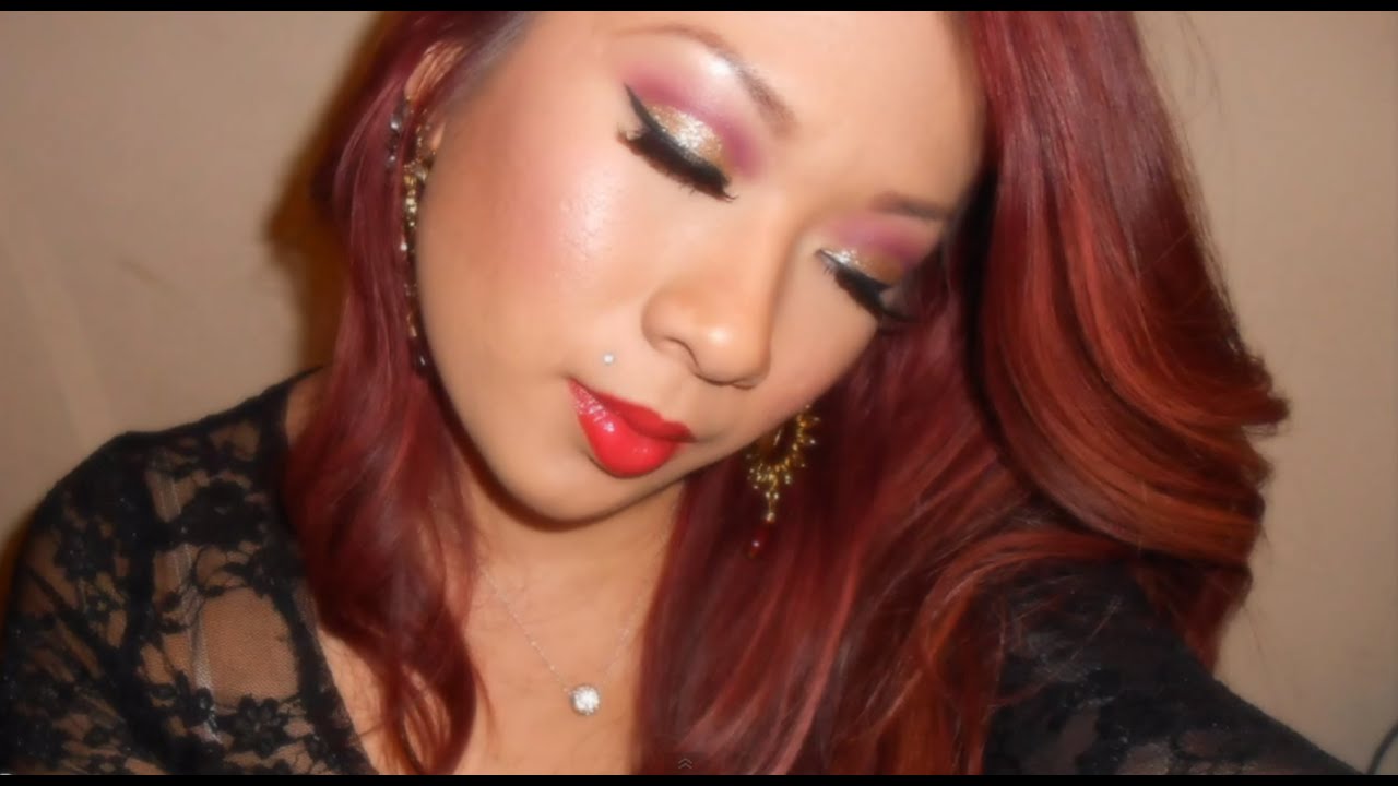 Gold Glitter Eyes, & Glossy RED Lips (Holiday Makeup Look) - YouTube