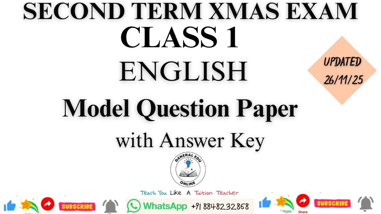 Class 1 English Second Term Exam Model Question Paper @GeneralEduOnline ...