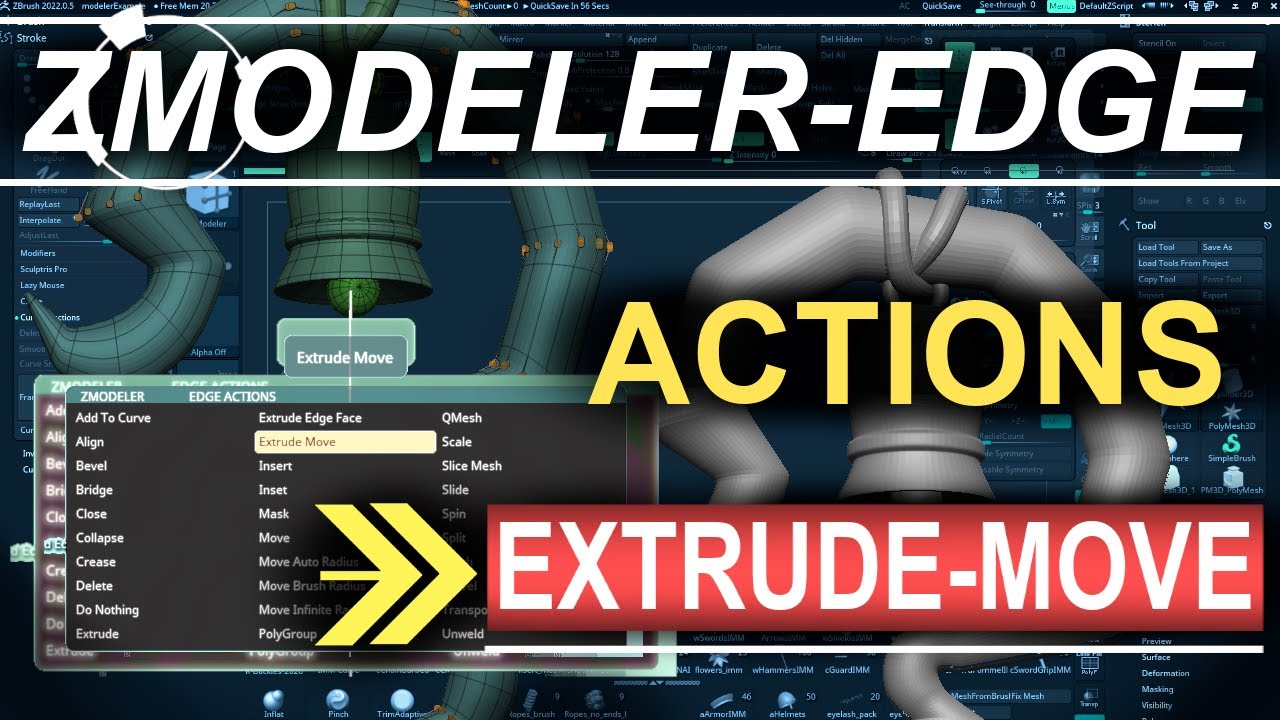 ZBrush - ZModeler Edge(Actions) - "Extrude-Move" - YouTube