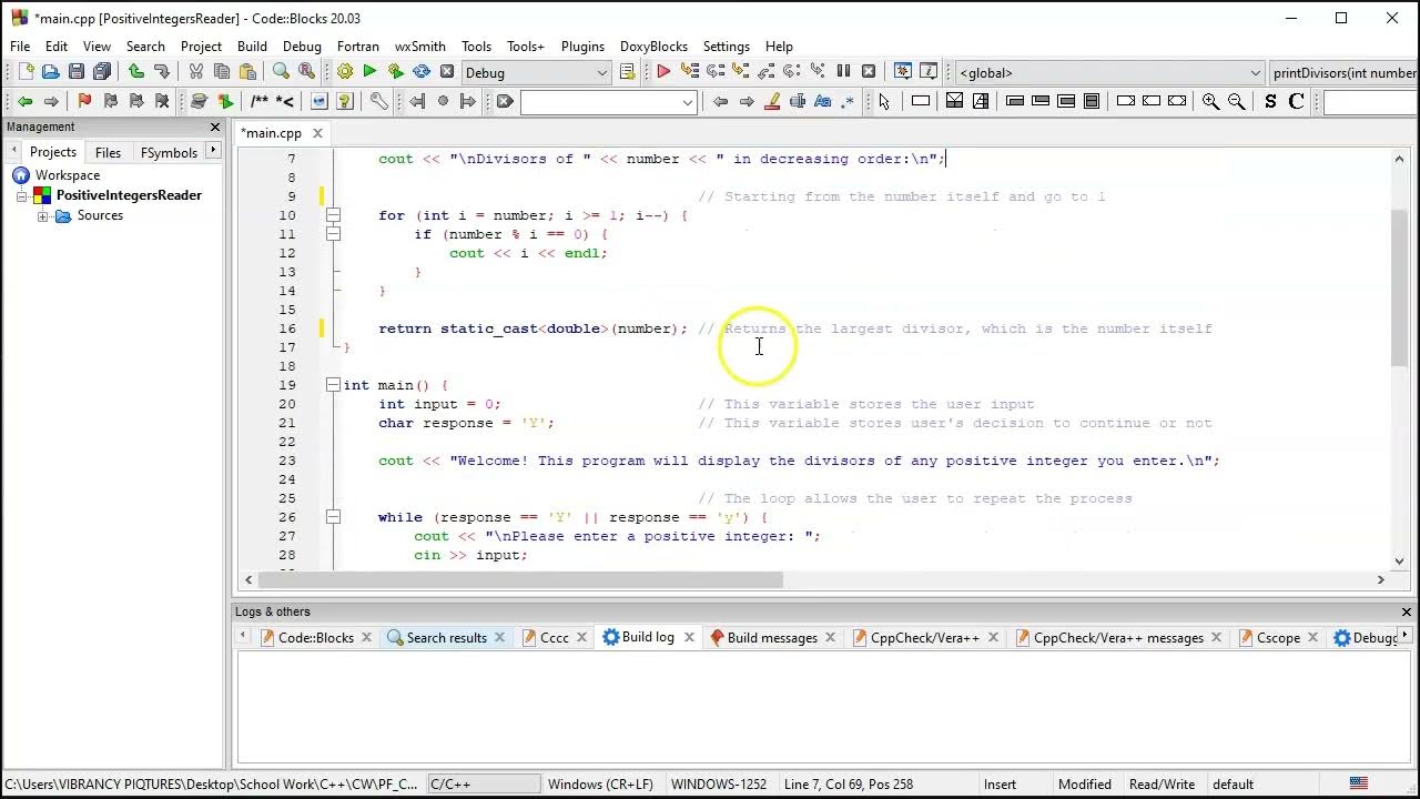 Program that allows users to input a positive integer and outputs its divisors in C++ (PF CW QN2 ...