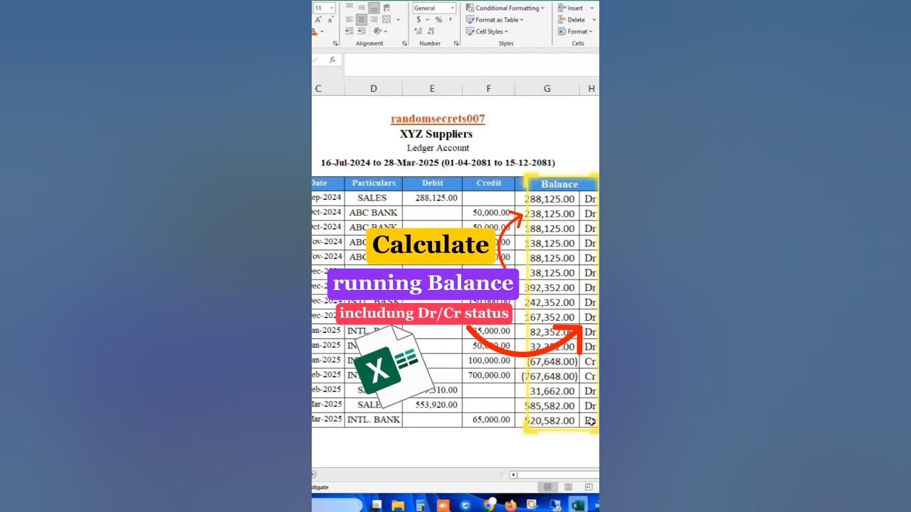 Calculate a Running Balance with Debit or Credit status in Excel. #excel - YouTube