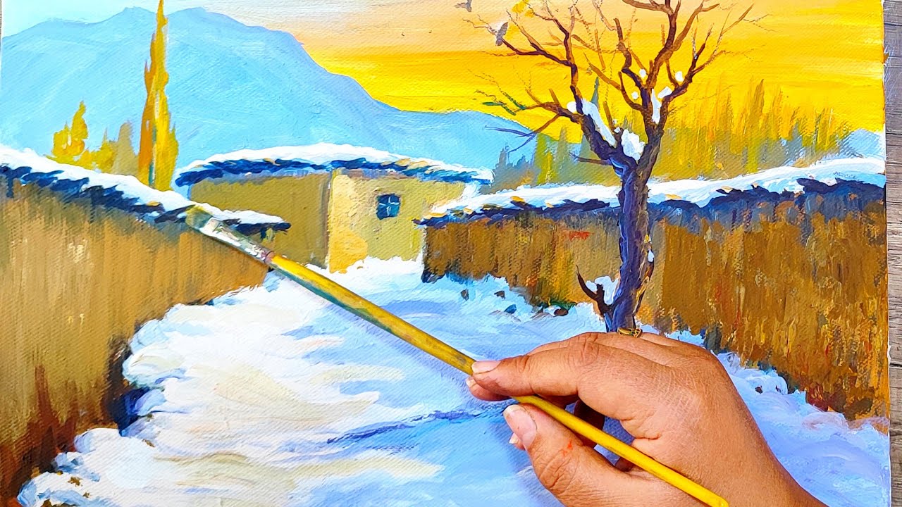 Painting a snowy landscape. How to draw a snowy landscape with acrylic🥰 ...