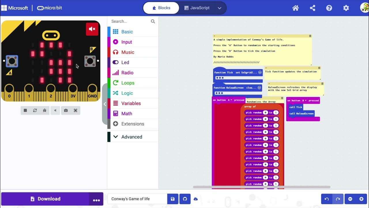 Conway's Game of Life - In MS MakeCode for the micro:bit - YouTube