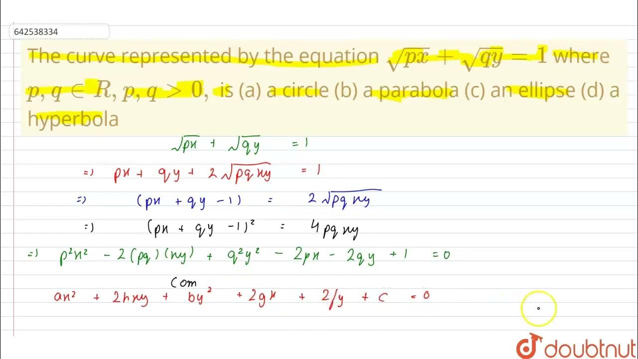 The curve represented by the equation sqrt(p x)+sqrt(q y)=1\nwhere p ,q ...