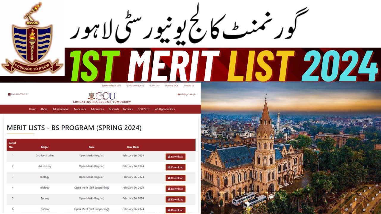 Government College University Lahore (GCUL) 1ST MERIT LIST 2024 (SPRING ...