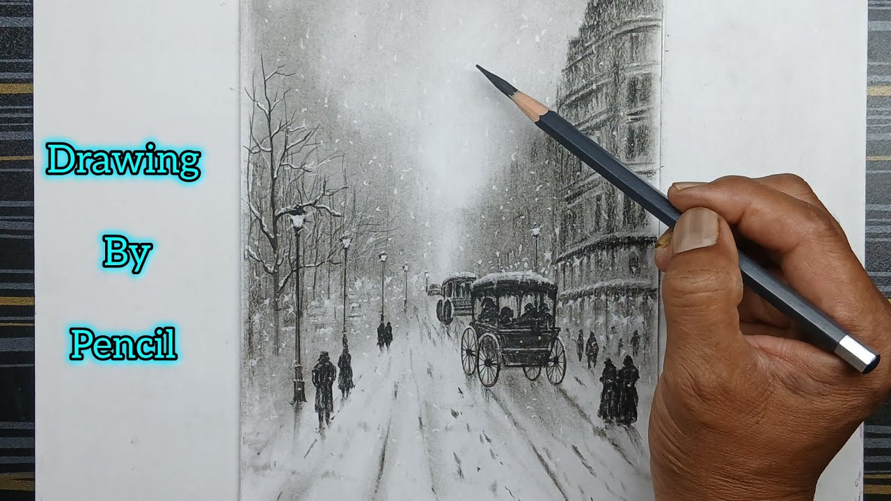 Snowy city landscape scenery drawing by pencil. पेंसिल द्वारा बर्फीले ...