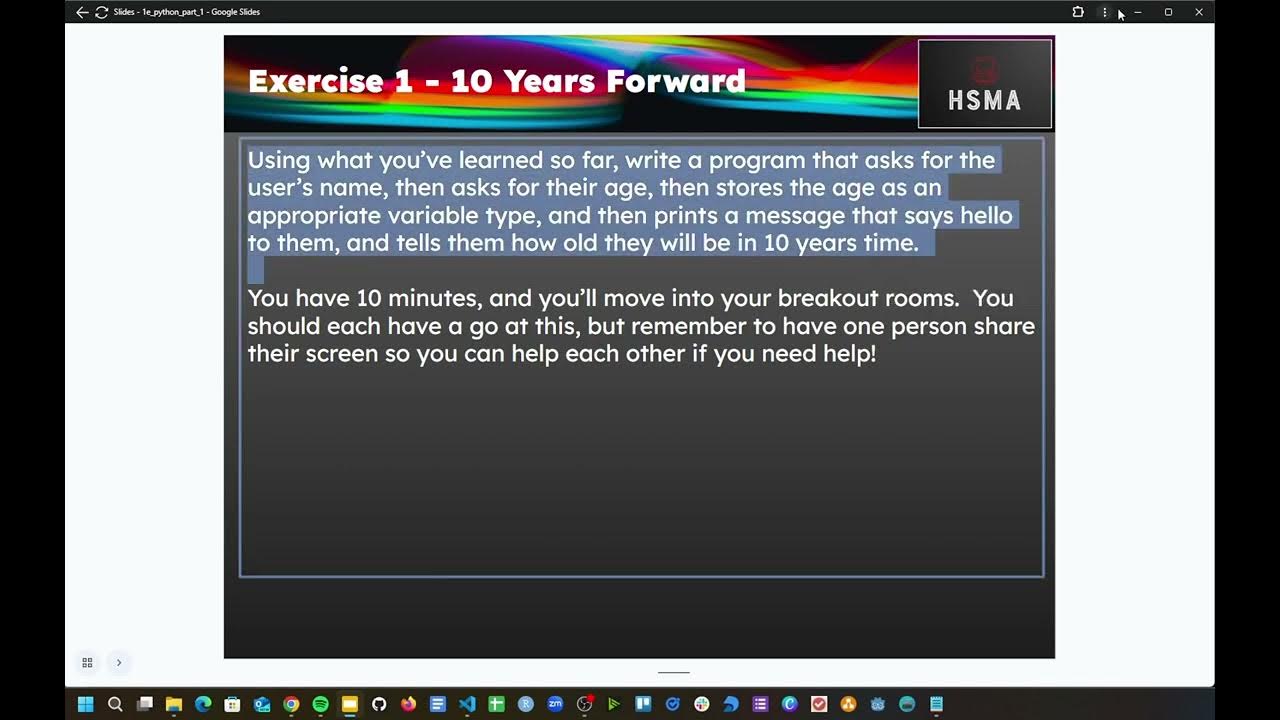 HSMA 1E - Intro to Python Part 1 - Exercise 1 (printing, user input, casting, fStrings ...