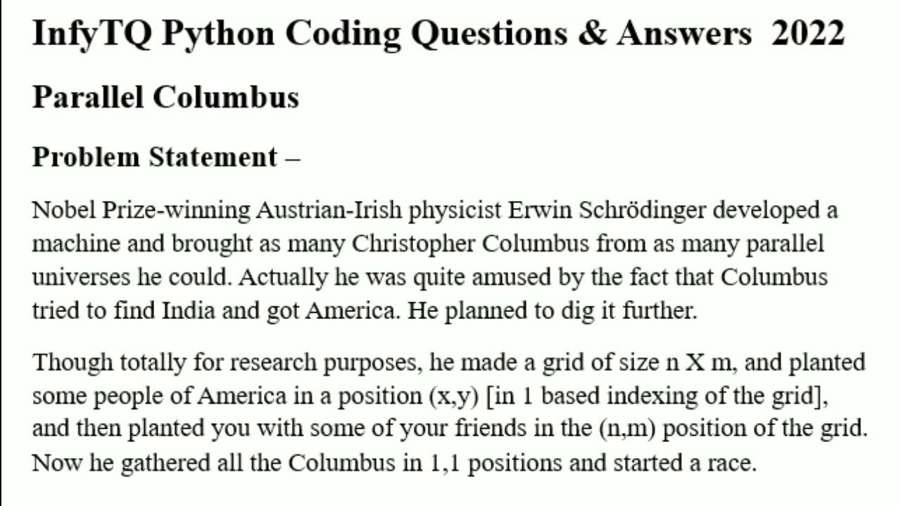 InfyTQ Python Coding Question *Parallel Columbus* & Answer 2022 #infytq #infosys #python #coding ...