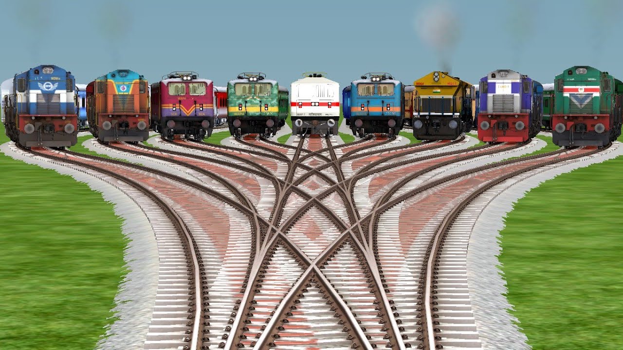 9 Trains Crossing At Risky Curved X Cut Bumpy Railroad Tracks || Rail ...
