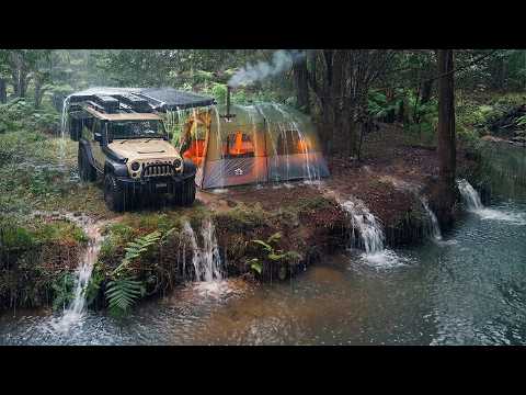 COZIEST Solo RAIN Camping at a Creek ☔ New Hot Tent Shelter | Relaxing ASMR