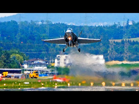 LOUD! 4X Swiss F/A-18 Hornets Takeoff at Emmen Air Base in Switzerland [4K]