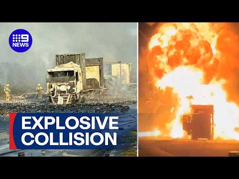 Fiery multi-truck crash on Hume Highway | 9 News Australia