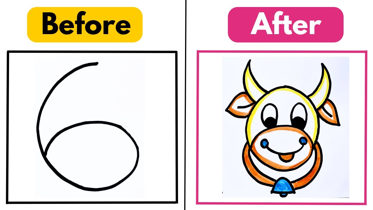6 नंबर की सहायता से गाय का चित्र बनाना सीखें | How To Draw Cow Drawing ...